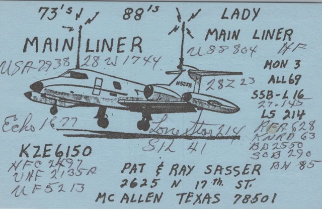 VINTAGE CB RADIO QSL postcard airplane Pat Ray Sasser 1970s McAllen ...