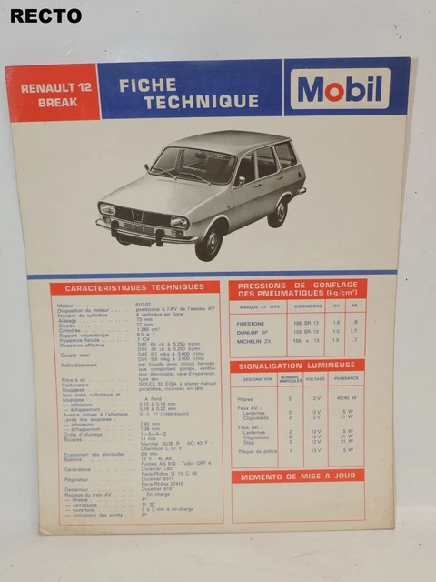 RENAULT 12 R12 Break - Fiche Technique MOBIL EUR 4,90 - PicClick FR