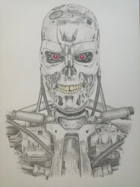 TERMINATOR T-800 ENDOSKELETON skull original pencil drawing science ...