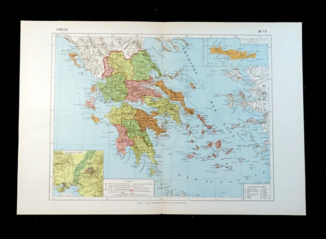 GREECE MAP GREEK Islands Athens Crete Rhodes Santorini FRENCH Antique ...