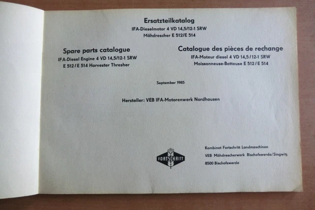 ERSATZTEILLISTE IFA MOTOR 4VD14,5/12-1 SRW Mähdrescher E512 514 ...