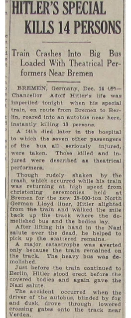 VINTAGE 1934 NAZI Adolf Hitler Near Death Train Accident Newspaper $19. ...