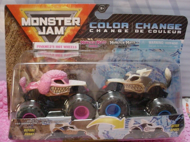 MONSTER JAM TRUCK COLOR CHANGE MONSTER MUTT pink POODLE vs HUSKY SPIN ...