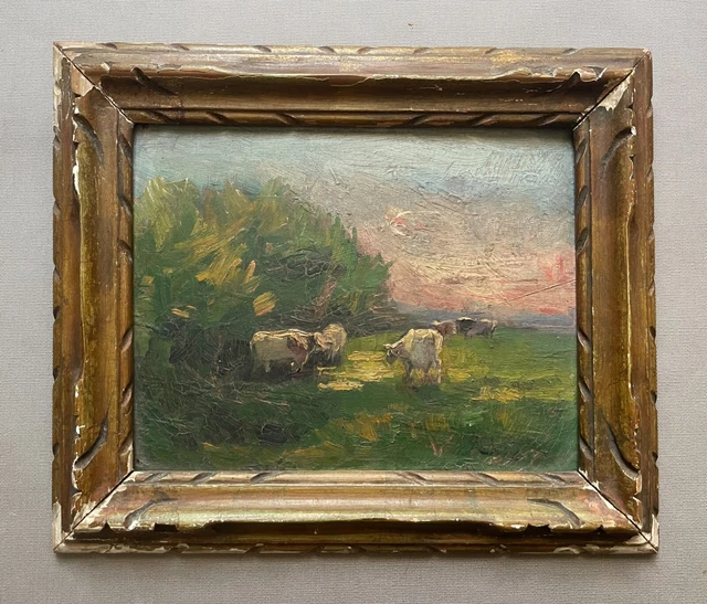 VACHES AU COUCHANT, Huile Sur Carton, Signature à Identifier, Peinture ...