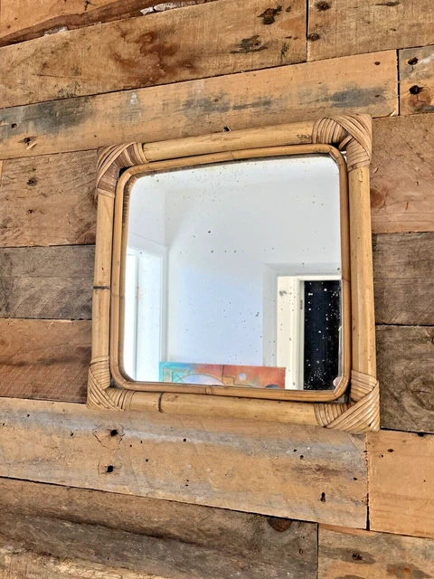 VINTAGE WOODEN BAMBOO Cane Rattan Hall Wall Mirror Retro Boho Tiki 60'S ...