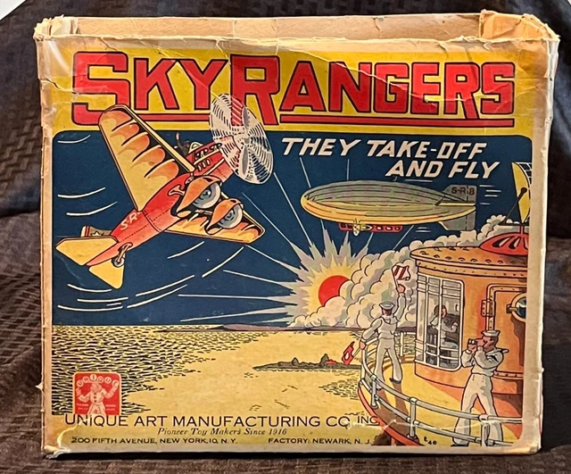 RARE ORIGINAL BOX Only Unique Art SKY RANGERS Tin Wind Up Toy Airplane ...