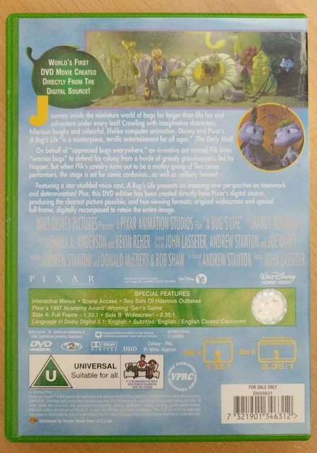 DISNEY PIXAR'S A Bug's Life Dvd (1999) Widescreen & Full Frame 2 Sided ...