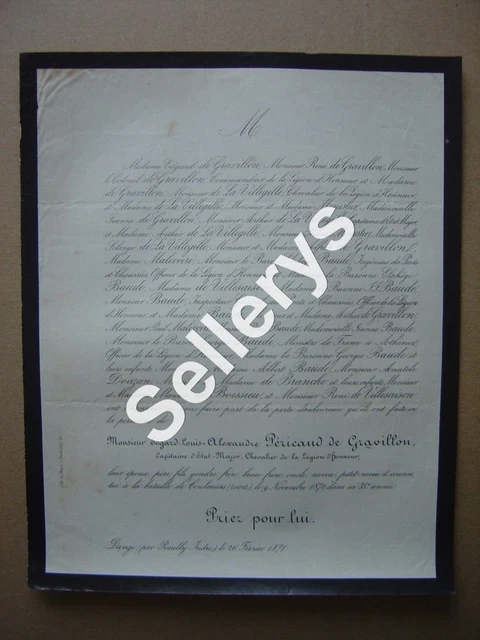 FAIRE PART DE décès Edgard Alexandre Péricaud de GRAVILLON Bataille de ...