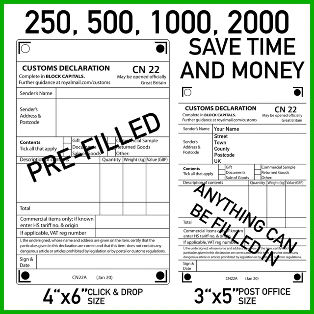 VORGEFÜLLTE CN22 ZOLLFORMULARE - 3x5"", 4""x4"" oder 4x6 ...