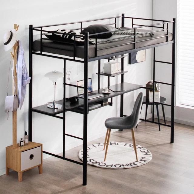 SINGLE METAL LOFT Bed Frame High Sleeper Bunk Bed with Desk Storage ...