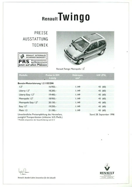 LISTINO PREZZI RENAULT Twingo 1998 28.9.98 D listino prezzi prijslijst EUR 15,90 - PicClick IT
