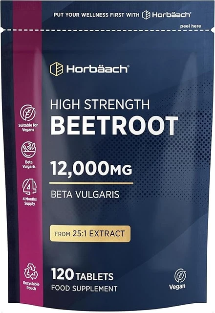 BEETROOT TABLETS 12,000MG High Strength 25:1 Extract – 120 Vegan Pieces ...