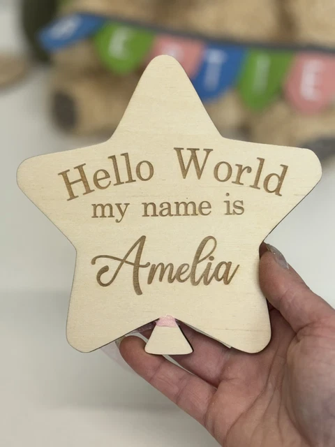 WOODEN BABY ANNOUNCEMENT Sign Hello World Birth Baby Name Plaques £7.99 ...