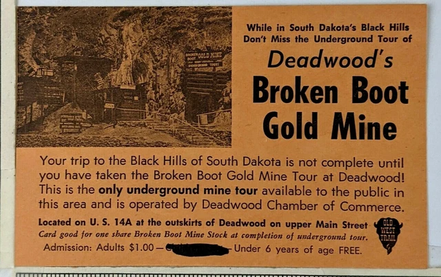 1960s Deadwood South Dakota Broken Boot Gold Mine Advertising Card