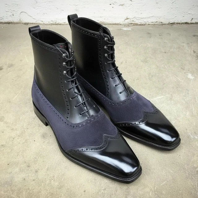 BESPOKE MEN'S HANDCRAFTED Two Tone Leather, Suede Oxford Wingtip Lace ...