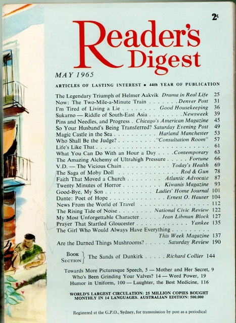 READER'S DIGEST - May 1965 - Helmer Aakvik, Hikari, Sukarno + Mont ...