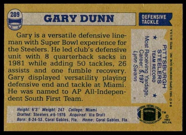 1982 TOPPS GARY Dunn recrue Pittsburgh Steelers #209 EUR 5,55 - PicClick FR