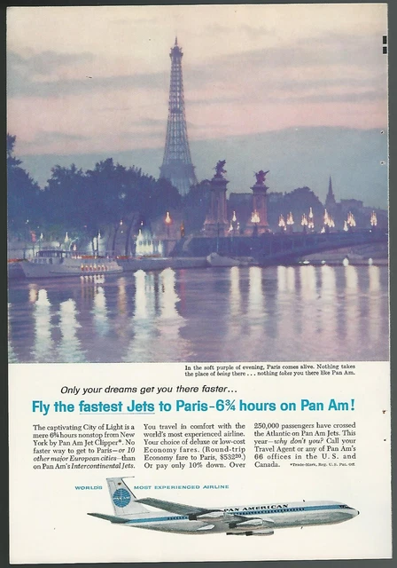 1960 PAN AM advertisement, Pan American Boeing 707 Eiffel Tower, Paris ...
