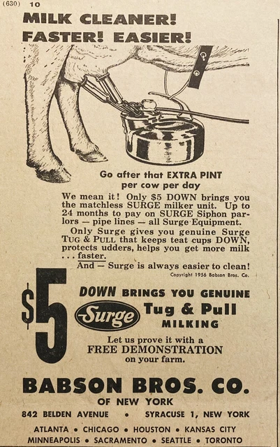 1956 AD.(XH80)~BABSON BROS. Co. Of Ny. Surge Tug & Pull Milking Machine ...