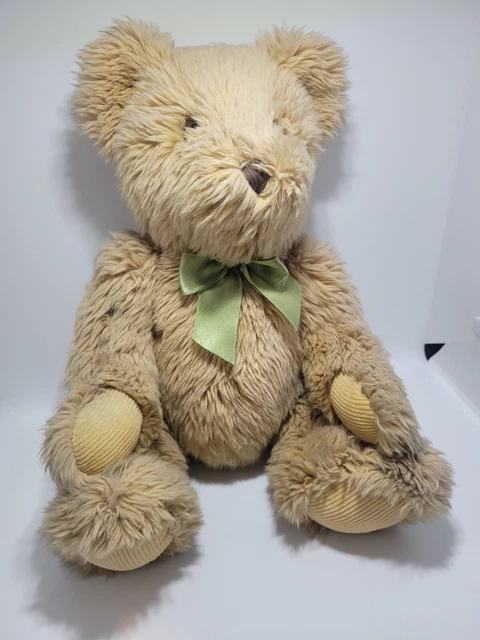 TESCO BEIGE TEDDY Bear 11" Plush Soft Toy Cuddly Sitting with Green Bow ...