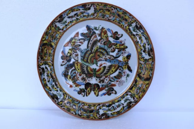 ANTIQUE CHINESE PORCELAIN Plate Dish Buttery Fly Pattern Enamel Hand ...
