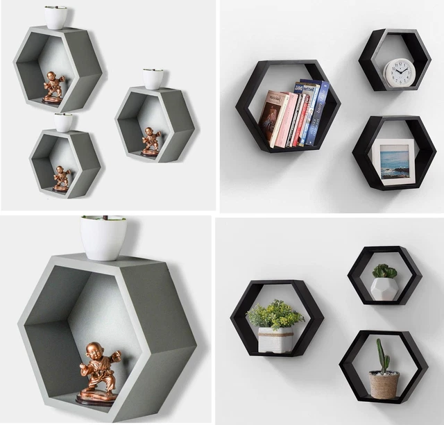 SET OF 3 Hexagon Floating Shelf Wall Mounted Honeycomb Storage Shelve ...