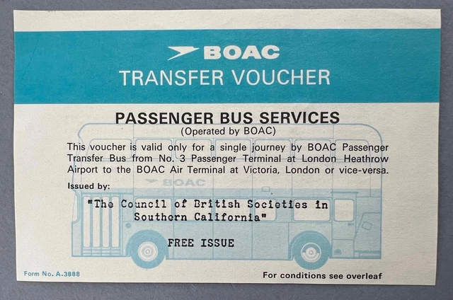 BOAC VINTAGE AIRLINE Transfer Voucher Passenger Bus Services Ticket B.o ...