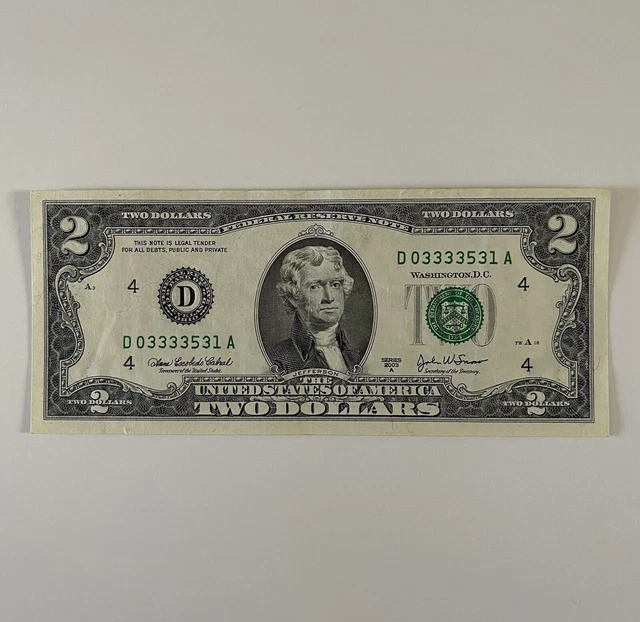 SERIES 2003 A 2 Two Dollar Bill Very Cool Serial Number 03333531 US series-2003-a-2-two-dollar-bill-very-cool-serial-number-03333531-us