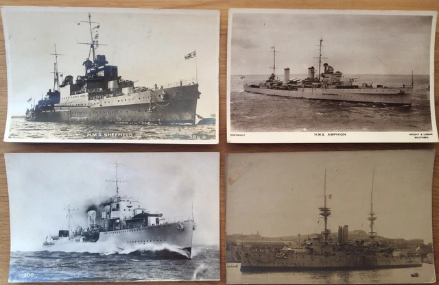 4 POSTCARD PHOTOS Ww1 Ww2 Hms War Battleships Amphion - Sheffield And 2 ...
