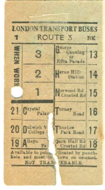 LONDON TRANSPORT BUSES punch-type bus ticket, Route 3, price 4d £1.13 ...