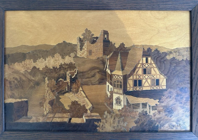 ANCIEN TABLEAU MARQUETERIE bois signé Lucien Straub Haut-Barr Alsace no ...