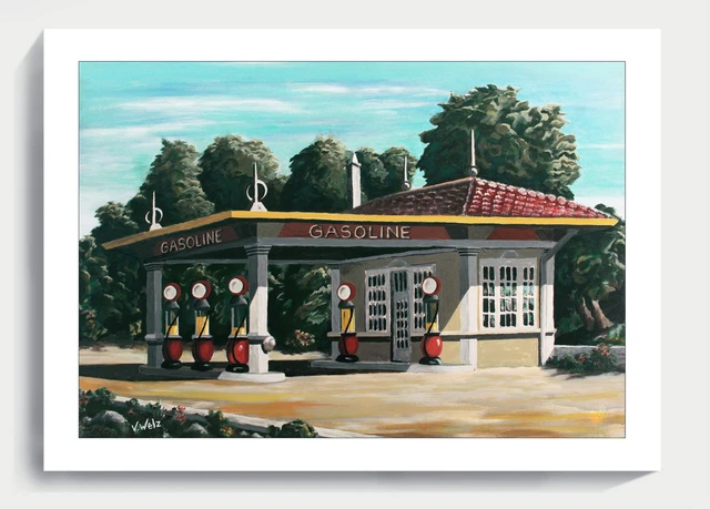 TANKSTELLE GASOLINE USA Benzin Gas Zapfsäule 30er 50er Kunstdruck ...