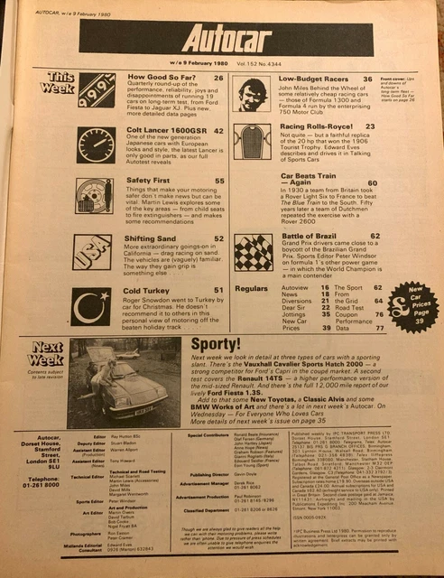 AUTOCAR MAGAZINE 09-FEB-80 - Colt Lancer 1600 GSR, Rolls Royce Light ...