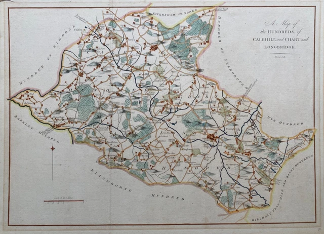 1780 ANTIQUE MAP of the Hundreds Calehill, Chart & Longbridge, Kent ...