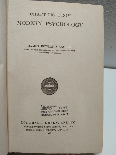 JAMES ROWLAND ANGELL / Chapters From Modern Psychology Vintage 1918 HC ...