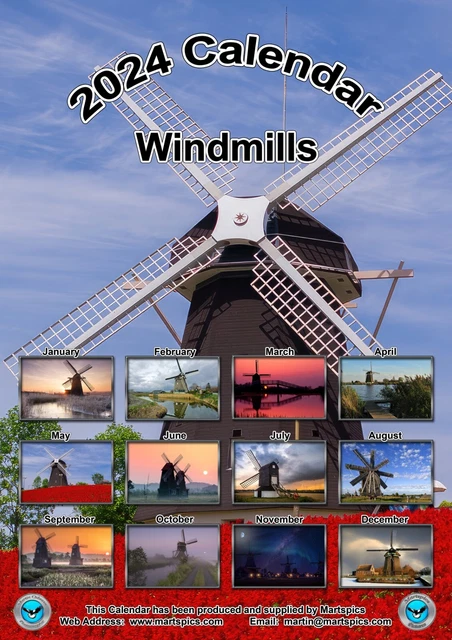 PICTURESQUE OLD WINDMILLS Calendar 2024 Twelve Month Yearly Calendar ...