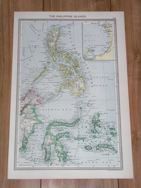 1908 ANTIQUE MAP Of Philippines Luzon Indonesia Celebes / Manila Inset ...