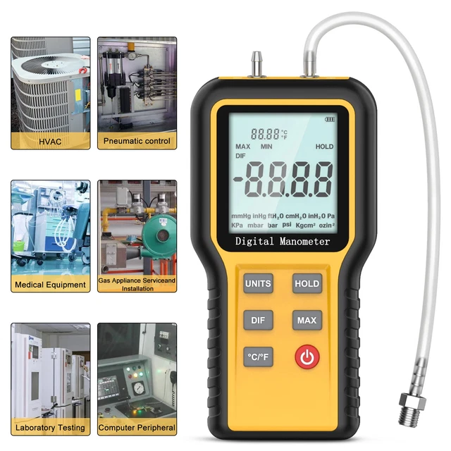 DIGITAL MANOMETER DUAL Port Input Air Pressure Meter HVAC Gas Pressure ...