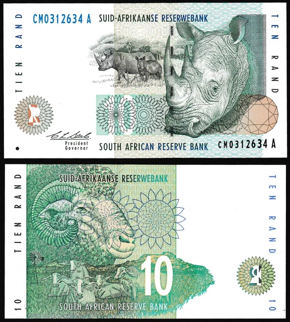 SOUTH AFRICA 10 rand 1993-1999 Rhinoceros & Ram & Cows P123a Prefix CM ...