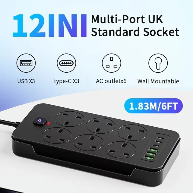 12 IN 1 Surge Protected Power Extension Lead 6 Sockets + USB & Type C 1 ...