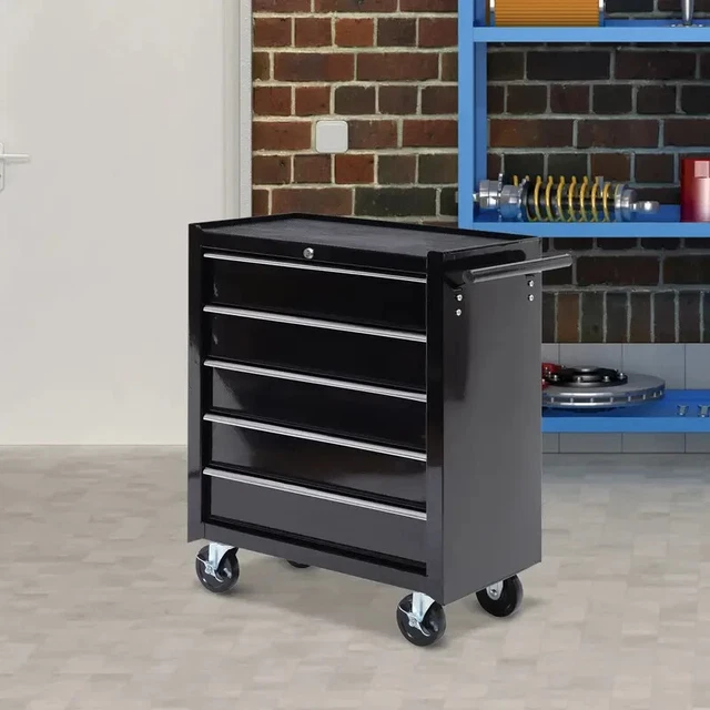 HOMCOM 5-DRAWER TOOL Chest Steel Lockable Tool Storage Cabinet w/ Wheels Black £121.45 - PicClick UK