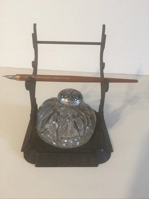 ANTIQUE INK WELL On Cast Iron Stand With Pen $65.00 - PicClick