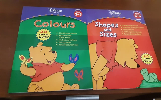 2 DISNEY WINNIE The Pooh Bear Learning Books Shapes & Sizes & Colors ...