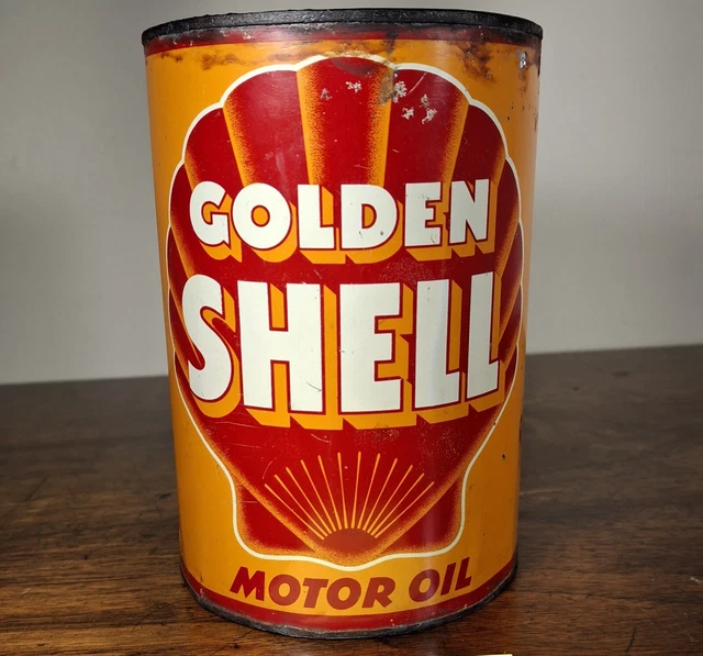VINTAGE GOLDEN SHELL Oil Can Quart Qt Metal Tin Empty Motor Oil $55.00 ...