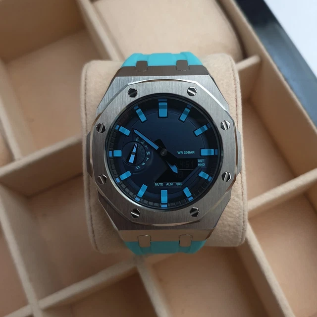 CUSTOM SILVER/TIFFANY BLUE Casio G-Shock GA-2100 CasiOak Rubber Strap £ ...