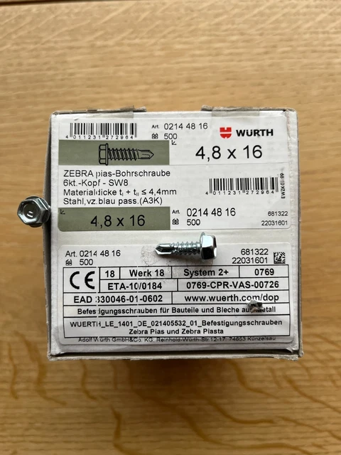 100 STÜCK ART. 02144816 Würth Zebra Pias Bohrschraube Stahl 4,8x16 6 Kt ...