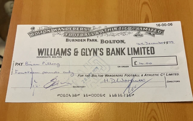 OLD BANK CHEQUE Williams & Glyns Bank BWFC Burnden Park. £7.50 ...