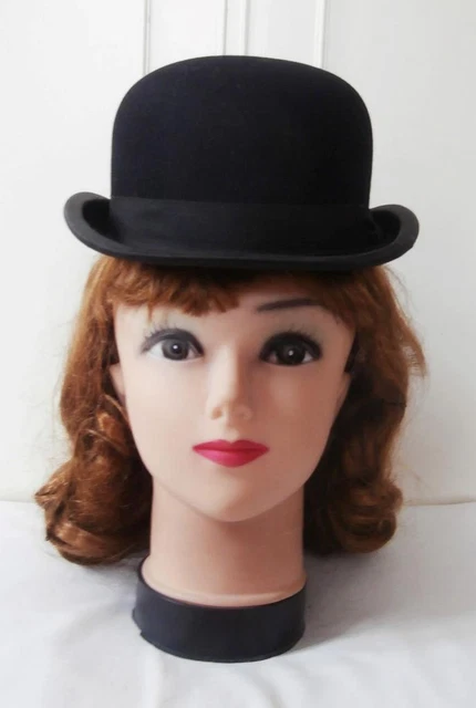 VINTAGE 1950'S MID Century Black Felt Riding Bowler Hat Sz 21 1/8" by ...