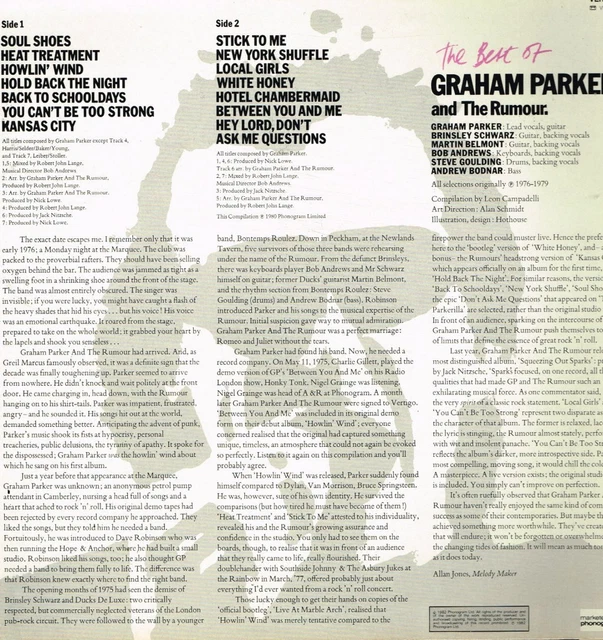 GRAHAM PARKER AND the Rumour Best of LP vinyl UK Vertigo 1979 with A1 ...