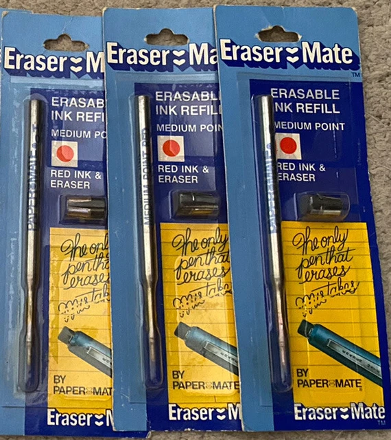 LOT 3 VINTAGE 1980 Eraser Mate Erasable Ink Refill Red Medium Point w ...